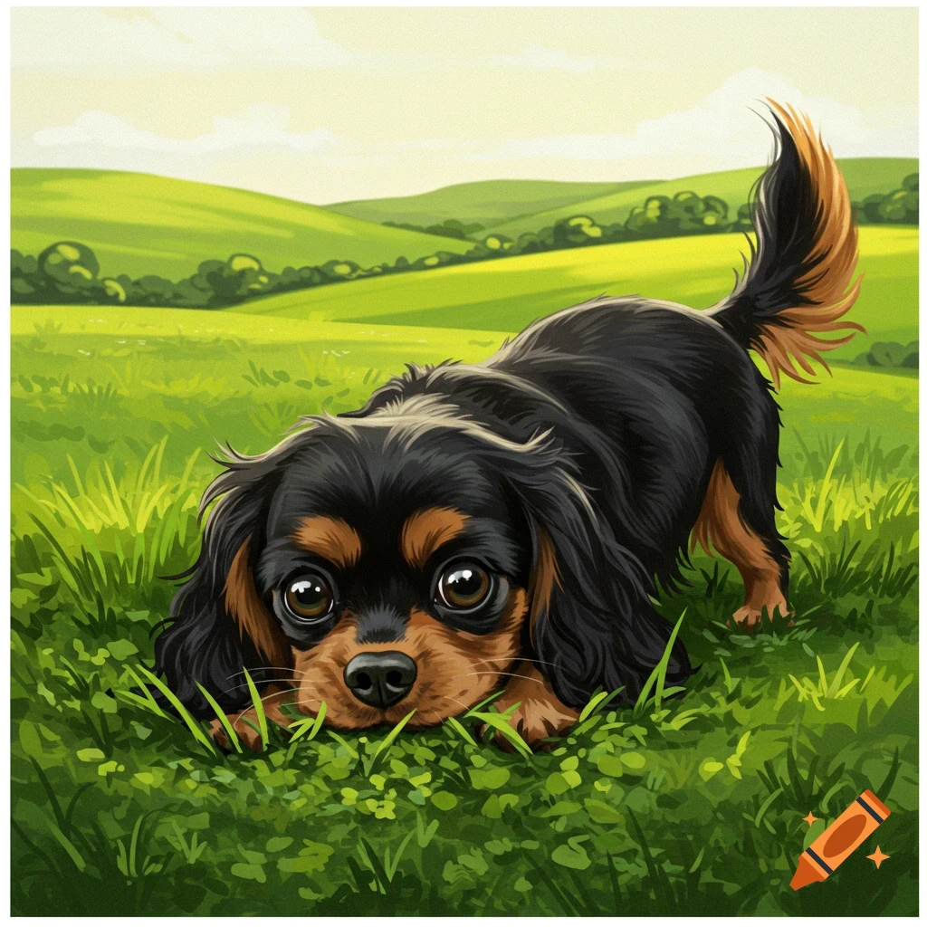 Black and tan Cavalier King Charles Spaniel digging in grass with green ...