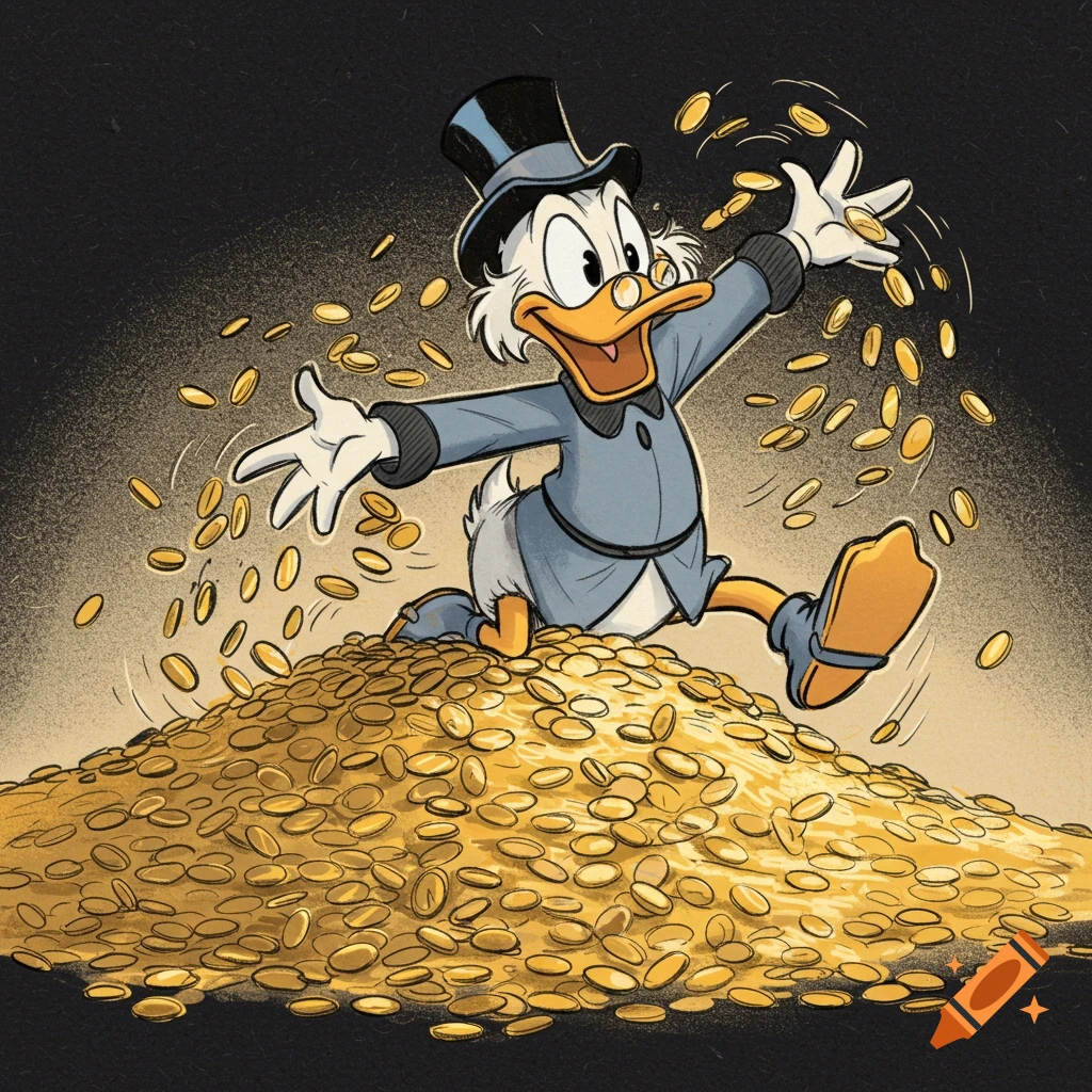 Scrooge McDuck swimming in a vault filled with gold coins and stacks of ...