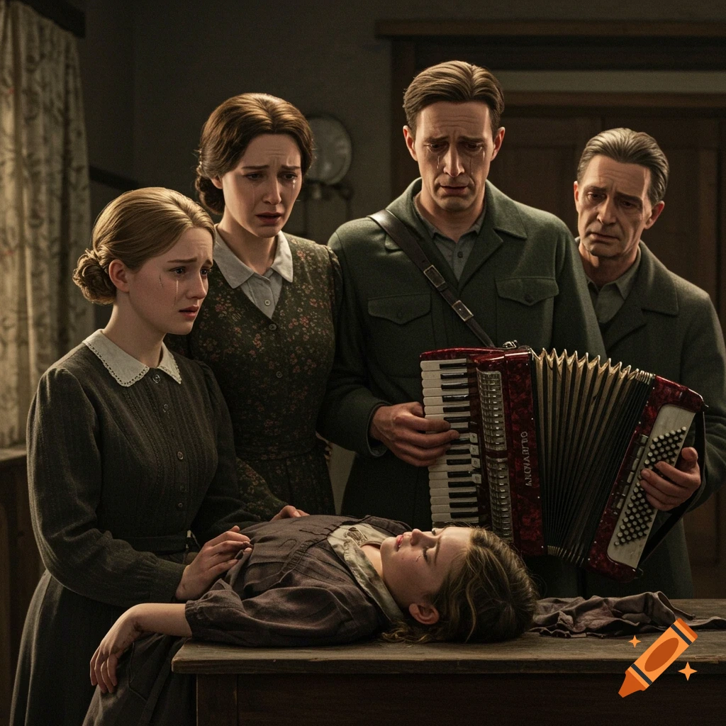 People crying over a deceased child, one holding an accordion. on Craiyon