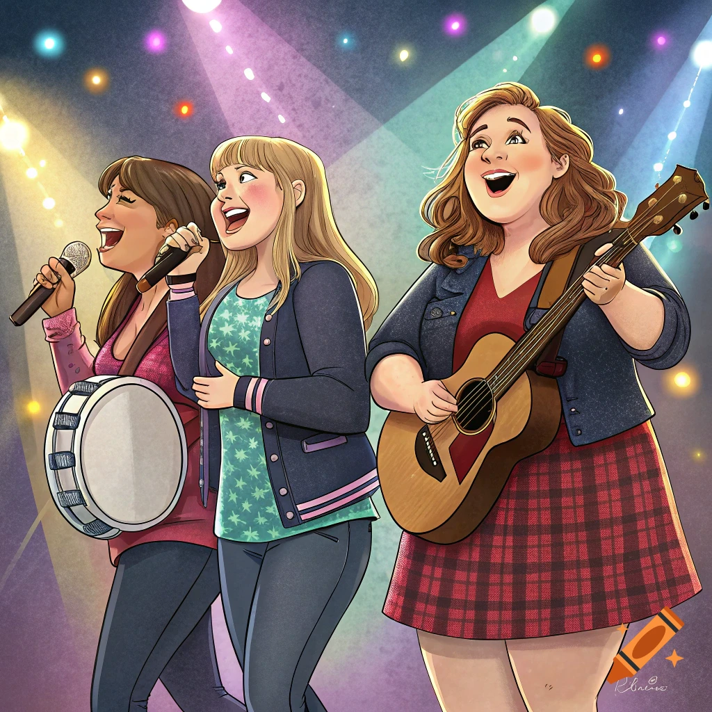 Three cartoon women on a stage singing and playing guitar and drum ...