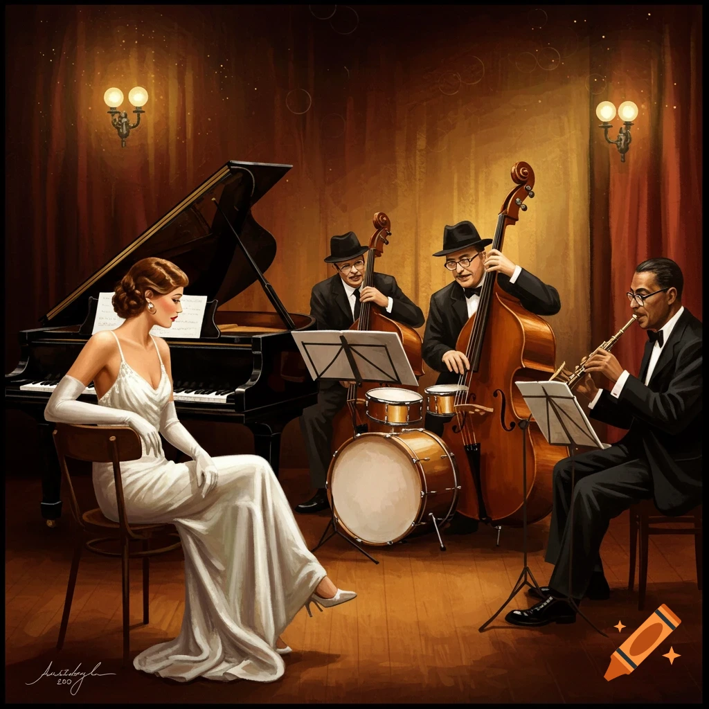 Woman in white gown listening to 1940s jazz quartet on Craiyon