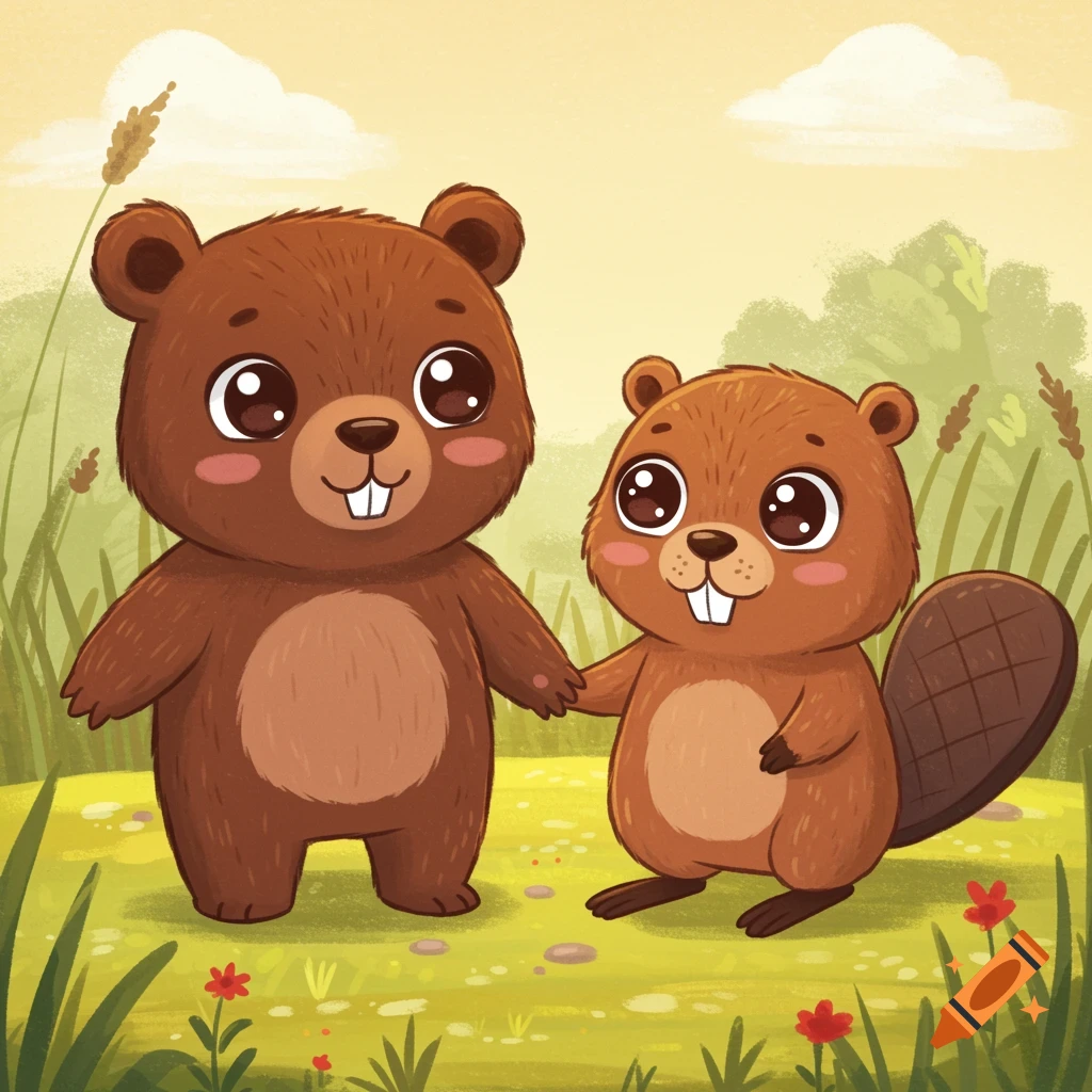 Cute cartoon bear and beaver holding hands in a meadow. on Craiyon