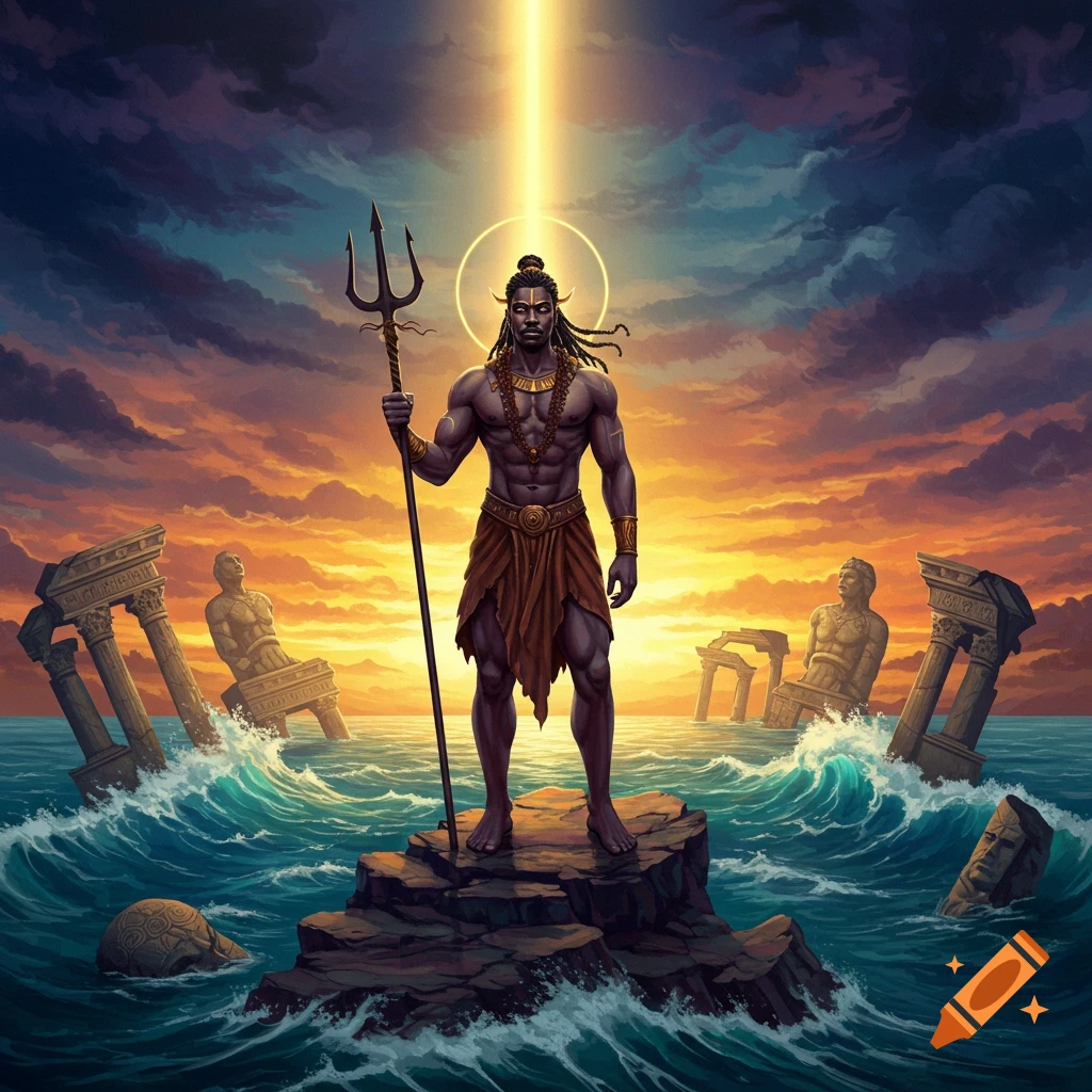 A powerful figure with a trident stands on a rock in the ocean ...