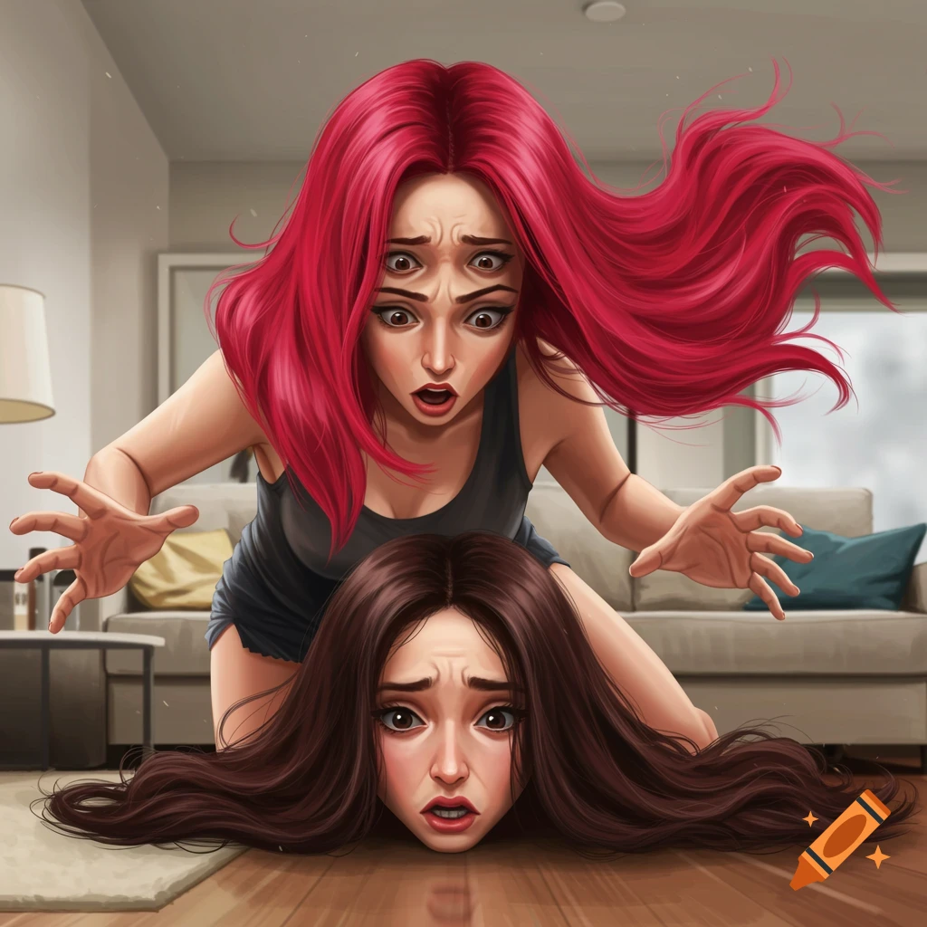 Red wig falling off a woman on Craiyon