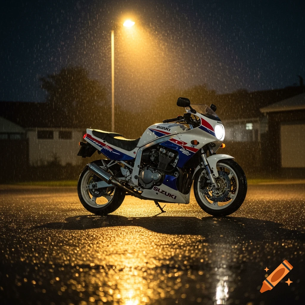 Vintage Suzuki motorcycle on a wet street at night in the rain under a ...