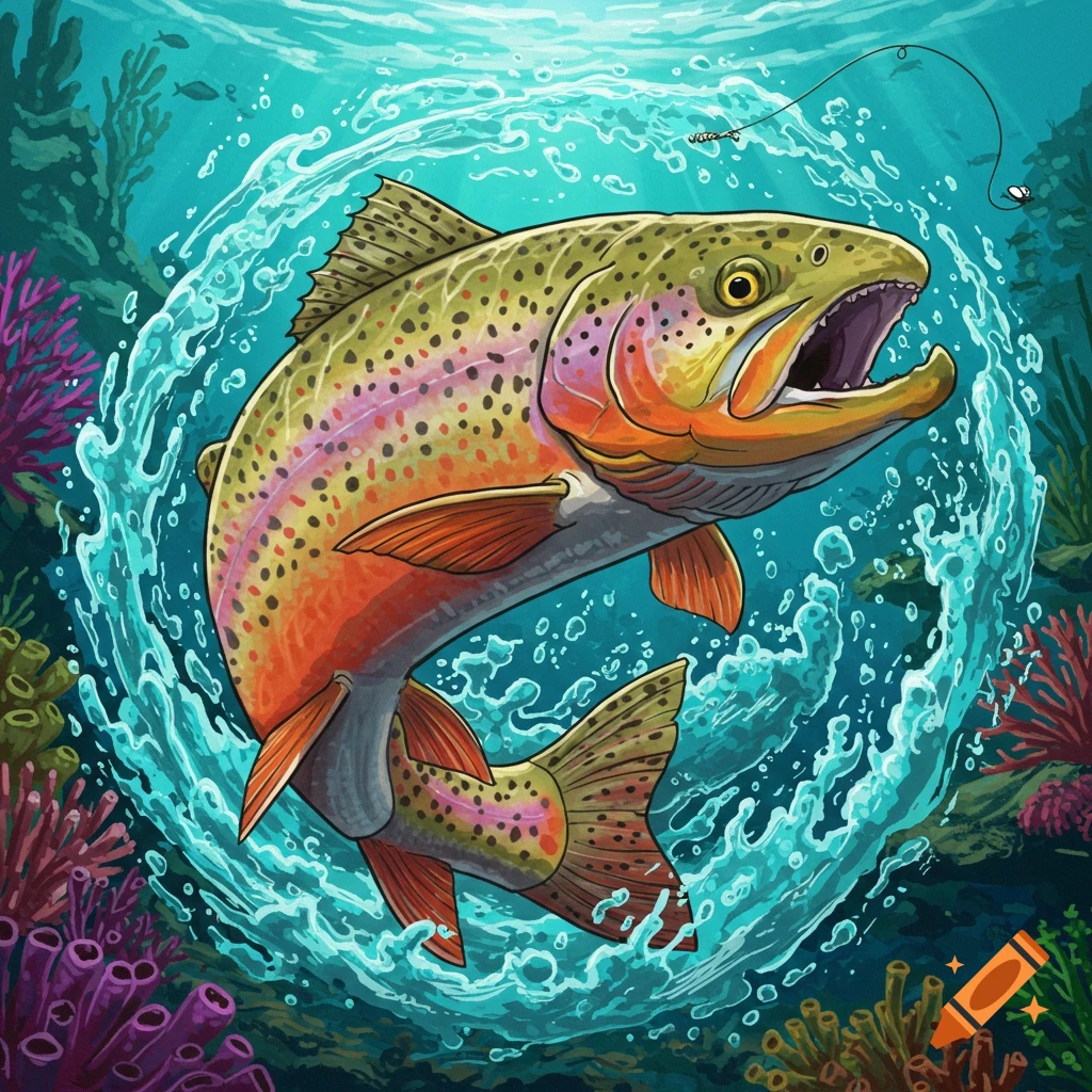 A vibrant salmon leaps from a wave, splashing water. on Craiyon