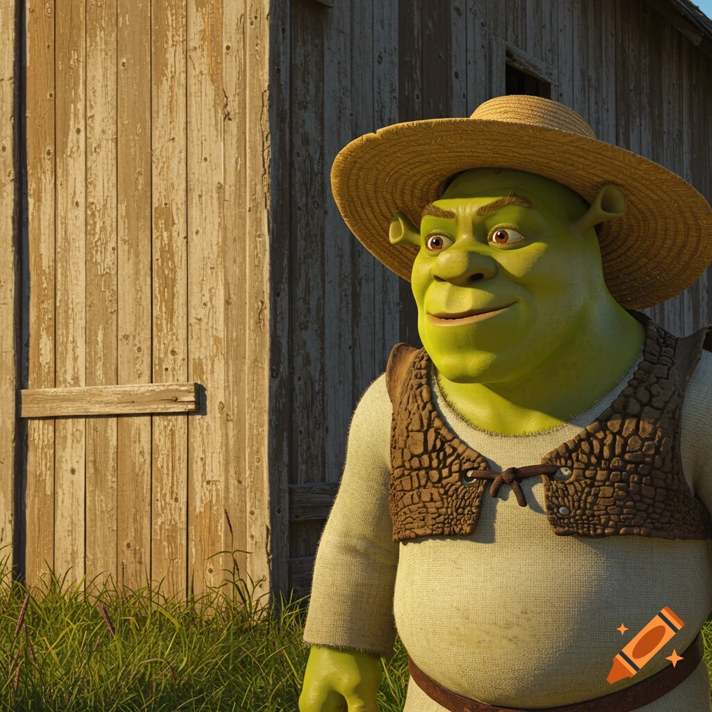 Shrek in a farmer hat in front of a barn, vintage style on Craiyon
