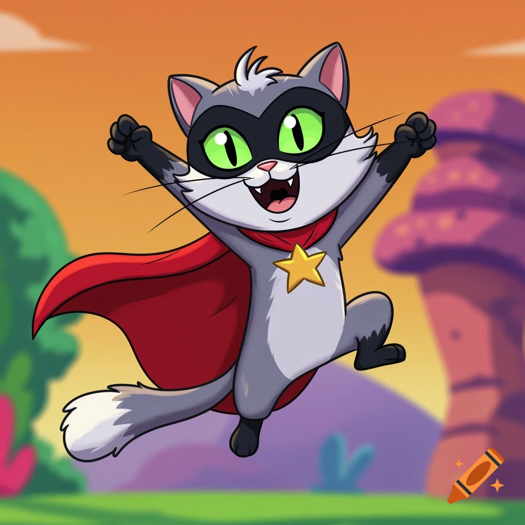 Cartoon cat superhero with red cape and black mask leaps. on Craiyon