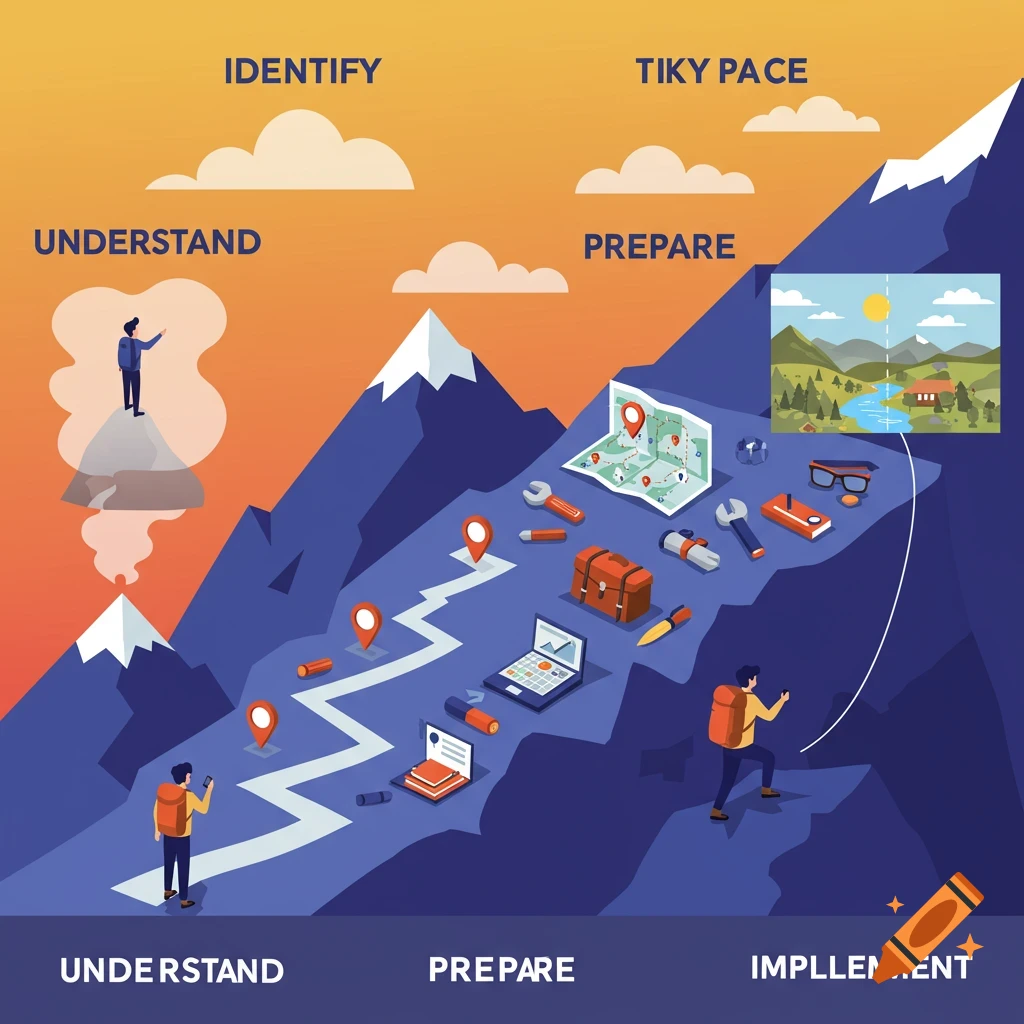 Stages of planning: Understand, Identify, Prepare, Implement on Craiyon
