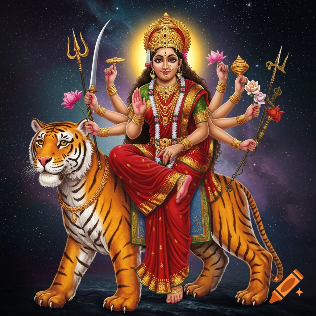 Mother Durga in Kali form, modern sari, riding tiger on Craiyon