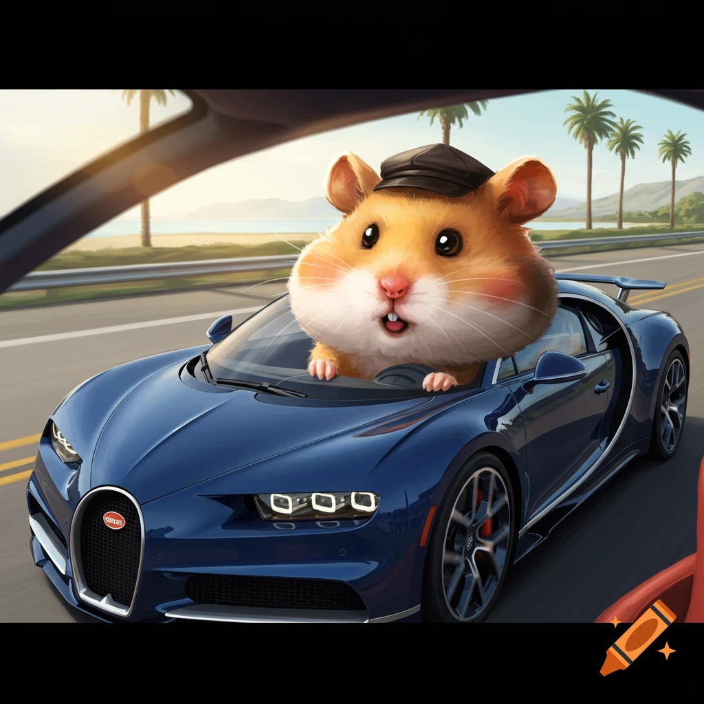 Cartoon hamster driving a blue Bugatti sports car along a coastal road ...