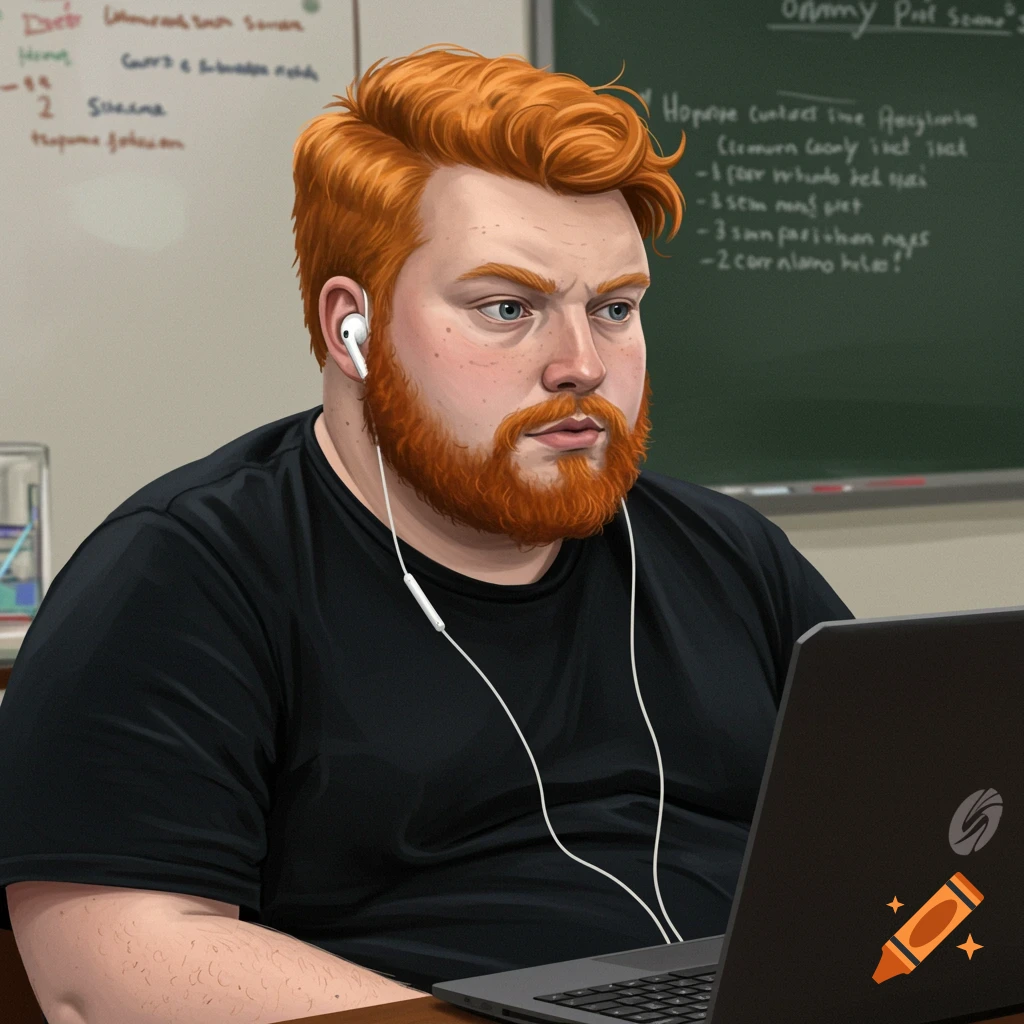 Ginger kid with sideburns and beard using Chromebook in science class ...