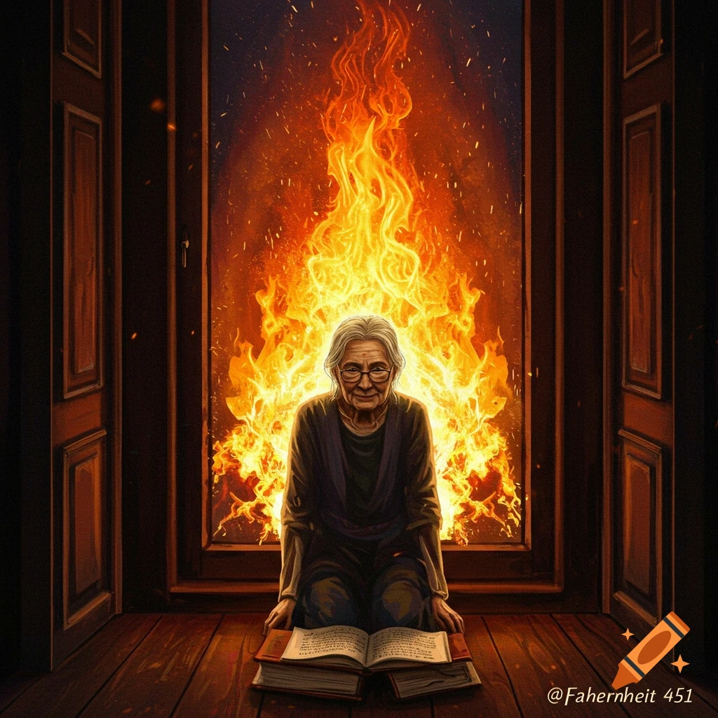 An old woman staying in a burning house surrounded by burning books ...