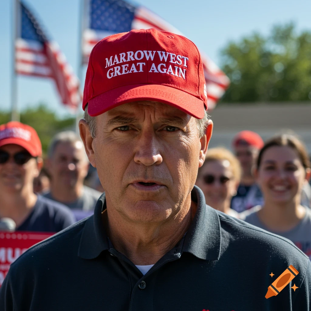 Person wearing a MAGA hat with text "Make ArrowsWest Great Again" on ...
