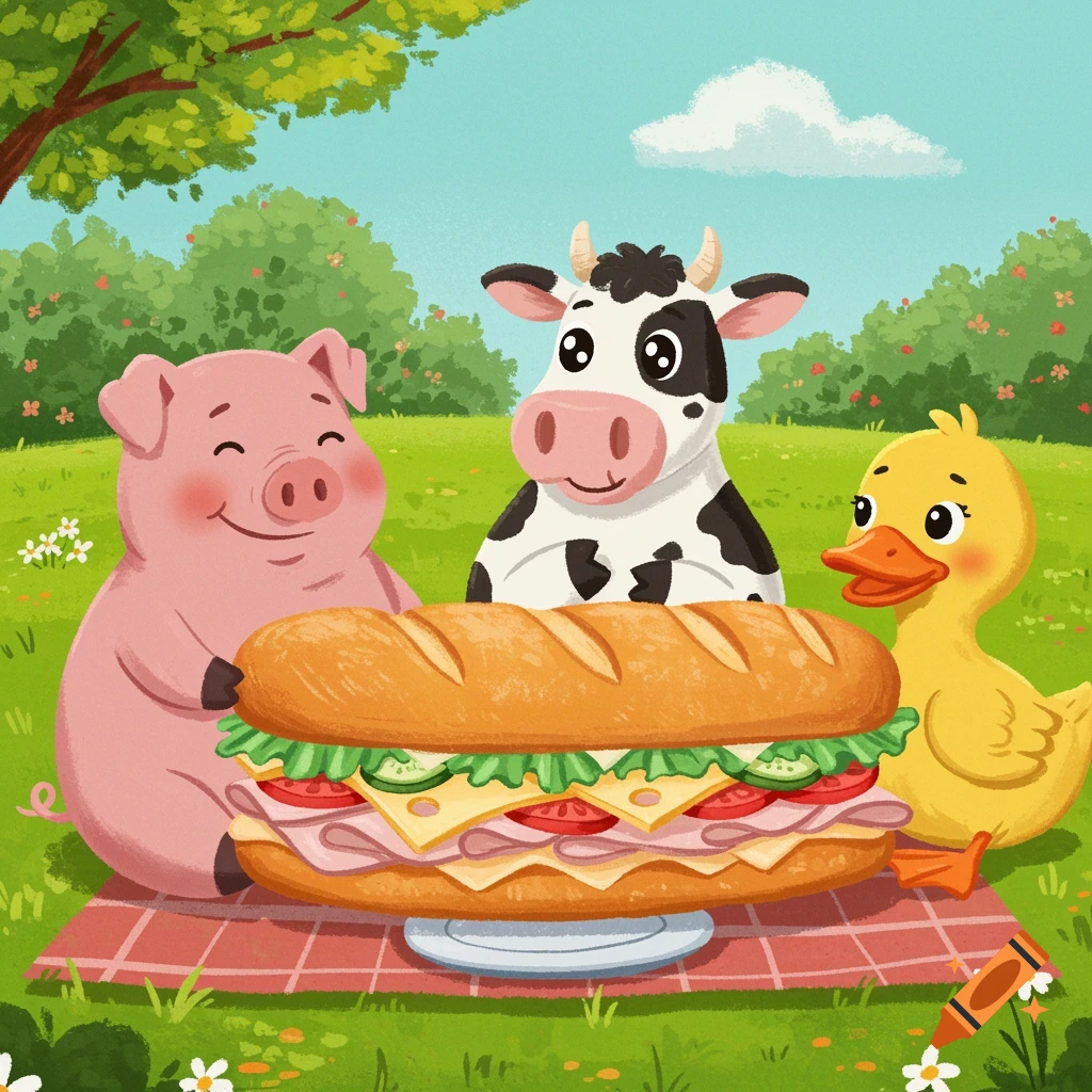 Cartoon pig, cow, and duck eating a sandwich on Craiyon