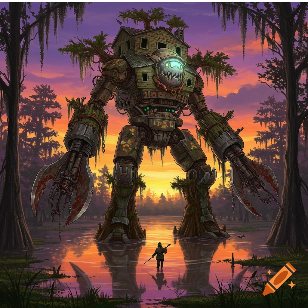 Giant mech with a house for a head stands in a swamp at sunset, a small ...