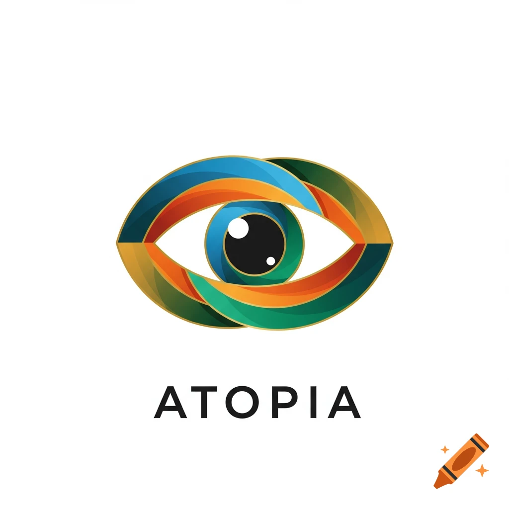 A logo featuring a stylized eye graphic in blue, red, and white above ...