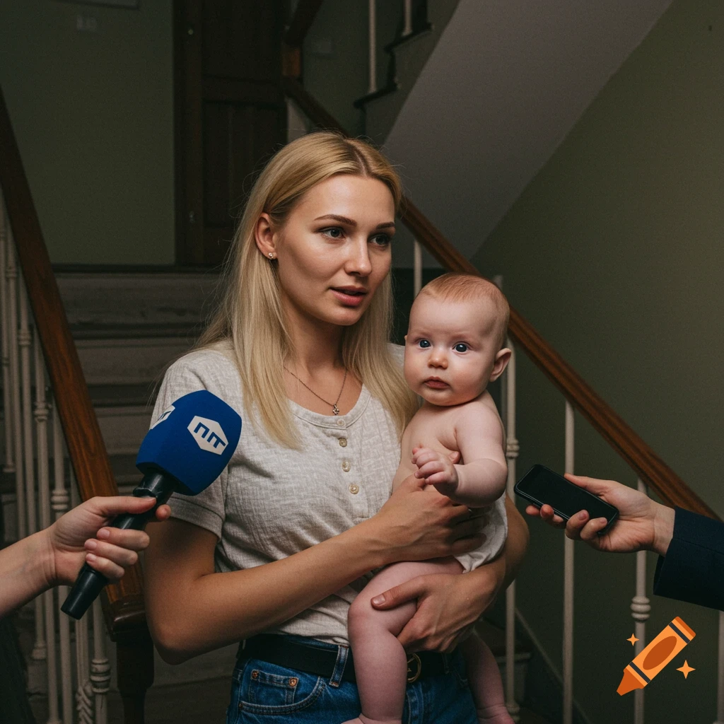 Russian woman and son in front of Soviet apartment buildings. on Craiyon