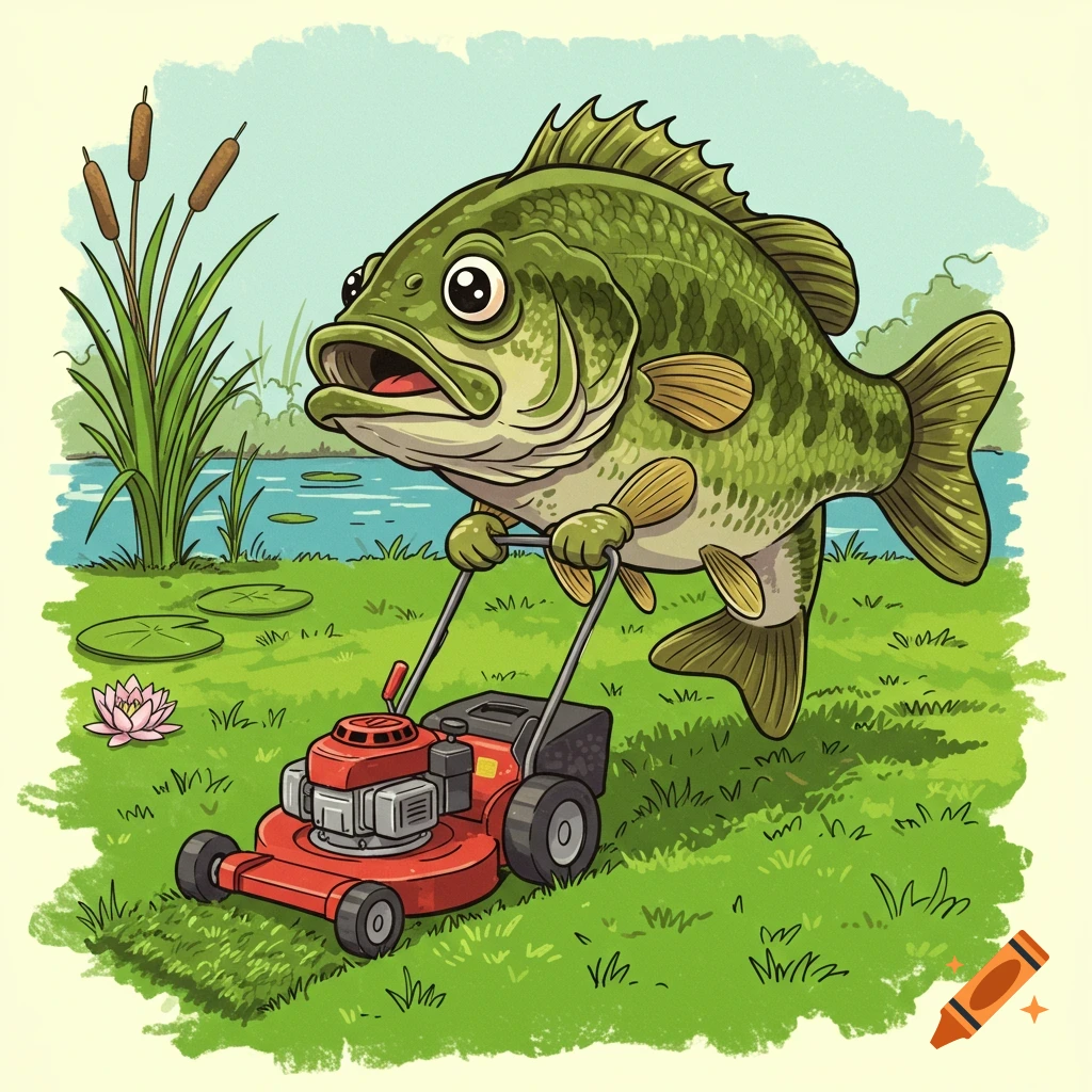 Cartoon bass fish mowing grass with Marine Mowers text on Craiyon