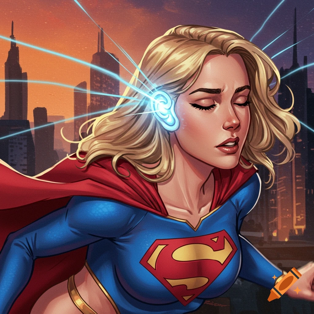 A blonde superheroine in a red cape using super hearing over a city ...