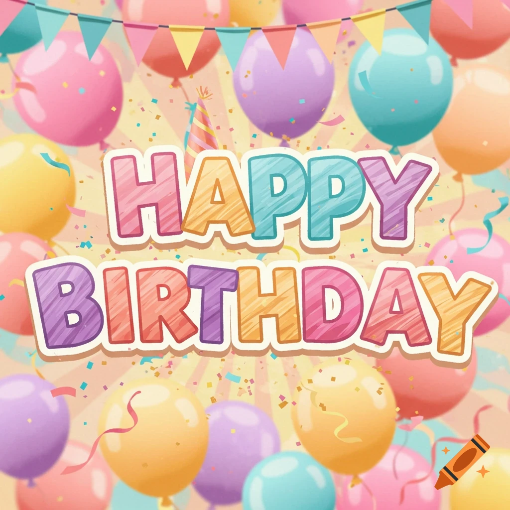 Colorful balloons, confetti, and bunting with the text "Happy Birthday ...