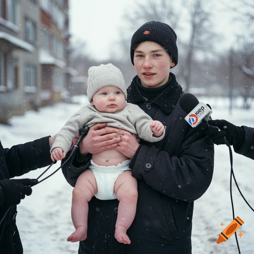 Russian teenage boy holding his baby sister in snowy Soviet setting on ...