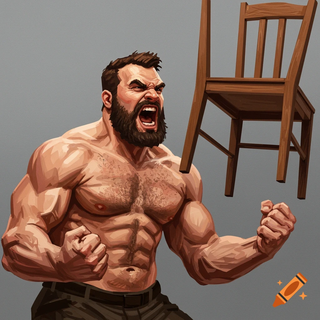 A muscular, angry man raises his fists as a wooden chair floats beside ...