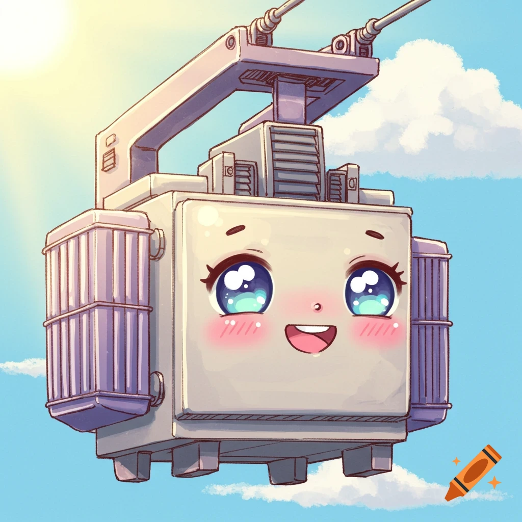 Cute anime-style electrical transformer with a kawaii face floating in ...