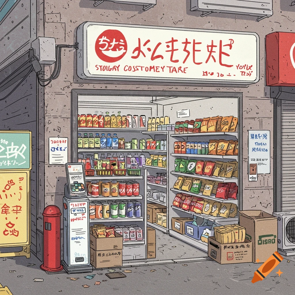 Drawing of a hole-in-the-wall convenience store with shelves of drinks ...