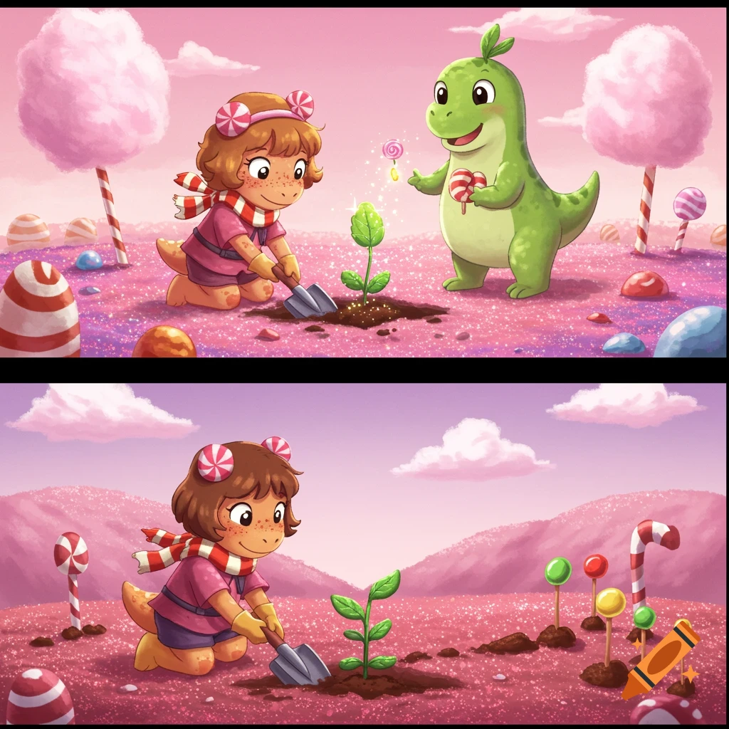 Dino-kid Serena planting a Lollipop Leaf seed in a gumdrop meadow with ...