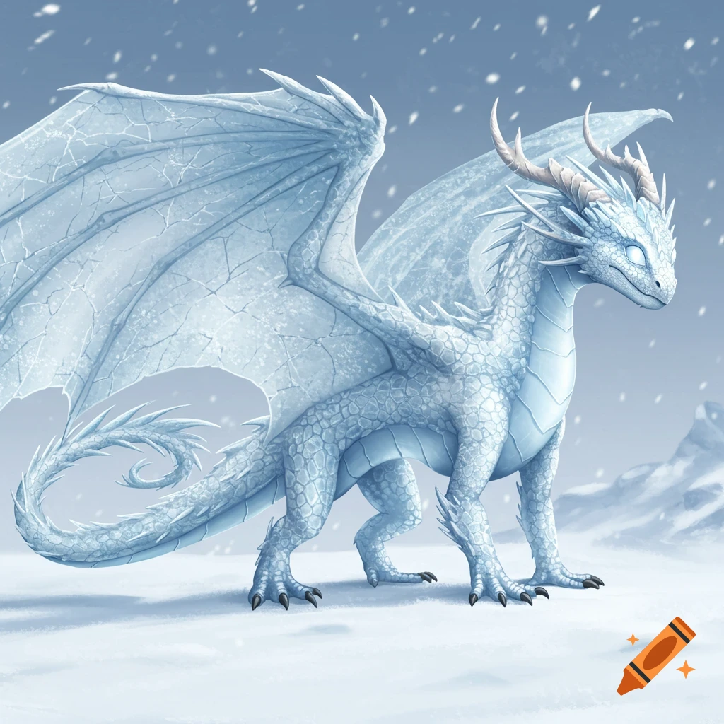 Ice dragon flying over a frozen landscape with mountains and aurora in the sky on Craiyon