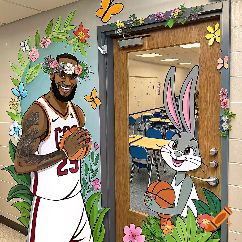 Classroom door with spring theme, LeBron James with flower crown, and ...