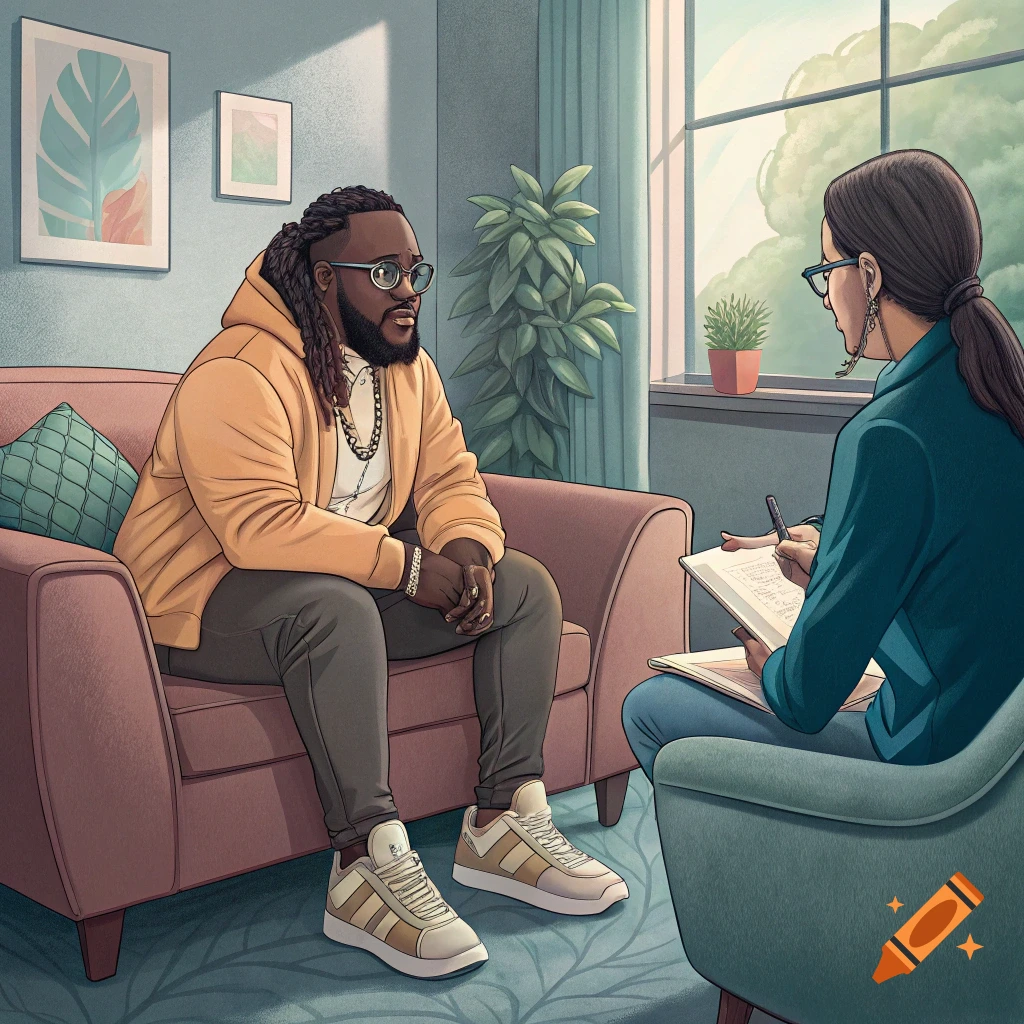 A therapy session with a man and woman sitting in chairs. on Craiyon