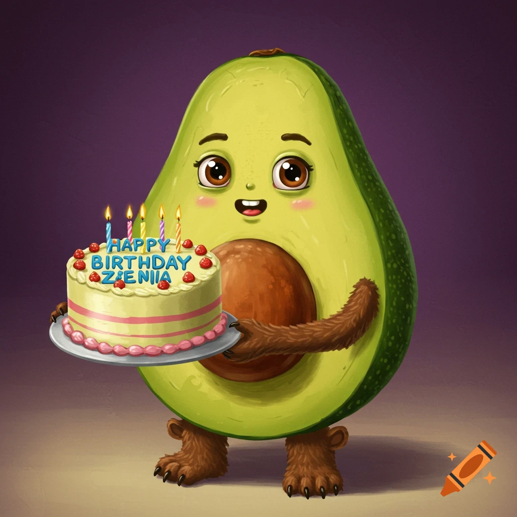 Anthropomorphic avocado with birthday cake on Craiyon