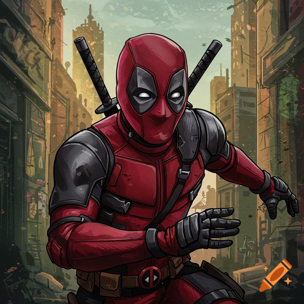 Deadpool character in a pool, Scribblenauts Unlimited art style on Craiyon
