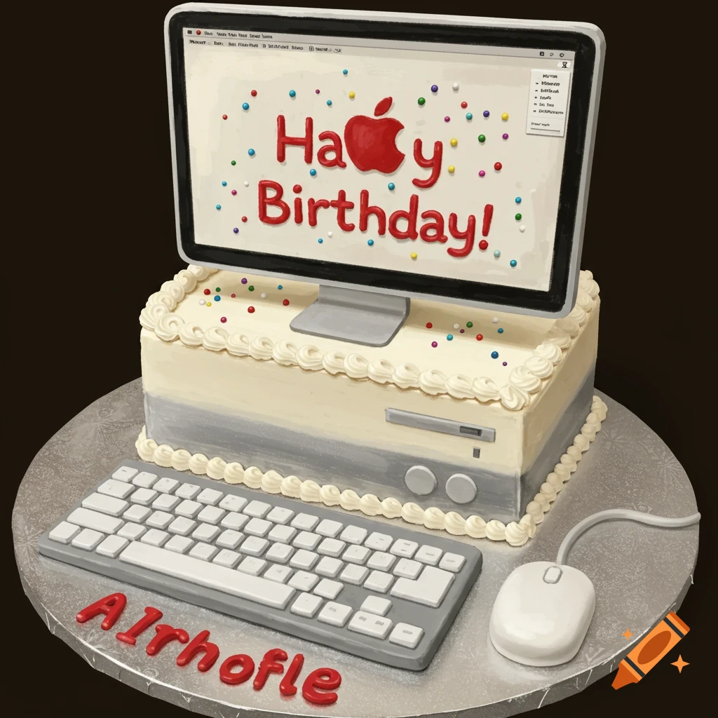 Apple computer birthday cake on Craiyon
