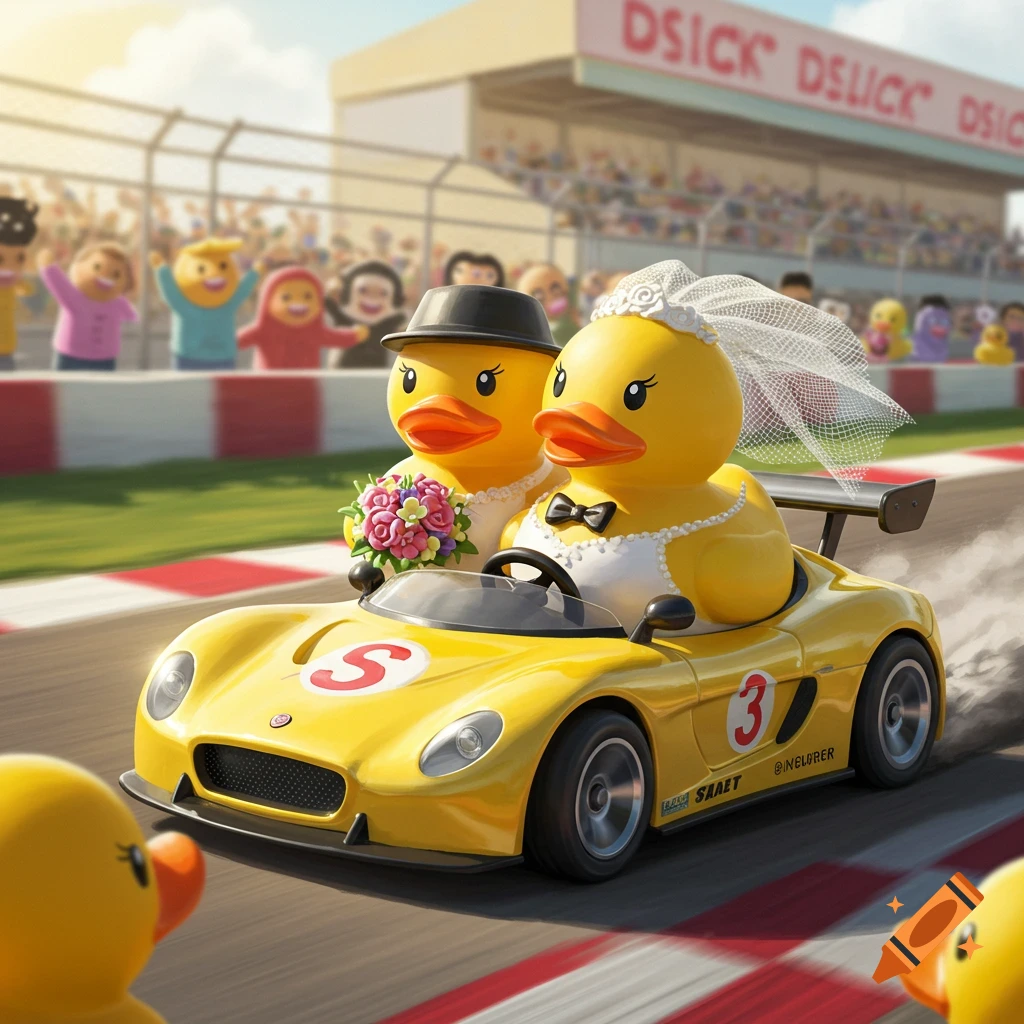 Rubber ducky bride and groom in a race car on Craiyon