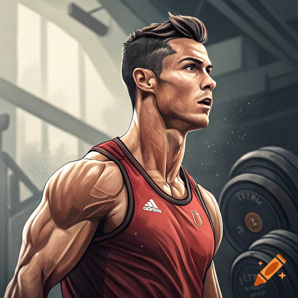 Stylized illustration of a muscular man in a red tank top in a gym. on ...