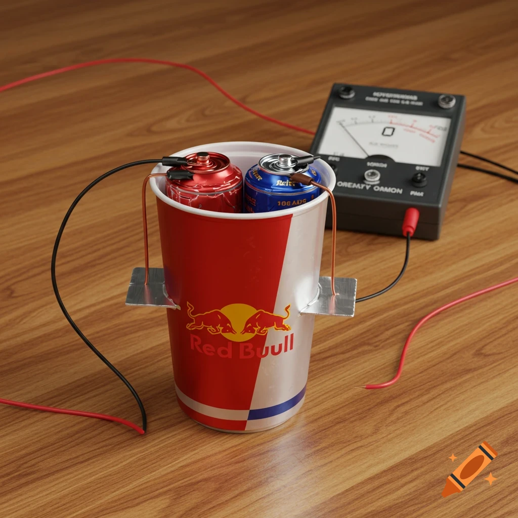 Red Bull battery made with Red Bull in a red cup on Craiyon