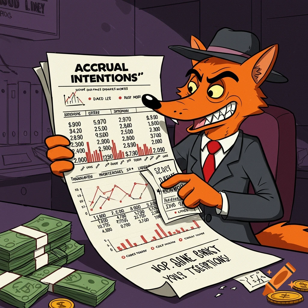 Cartoon income statement with shady behavior, parody of 'Accrual ...