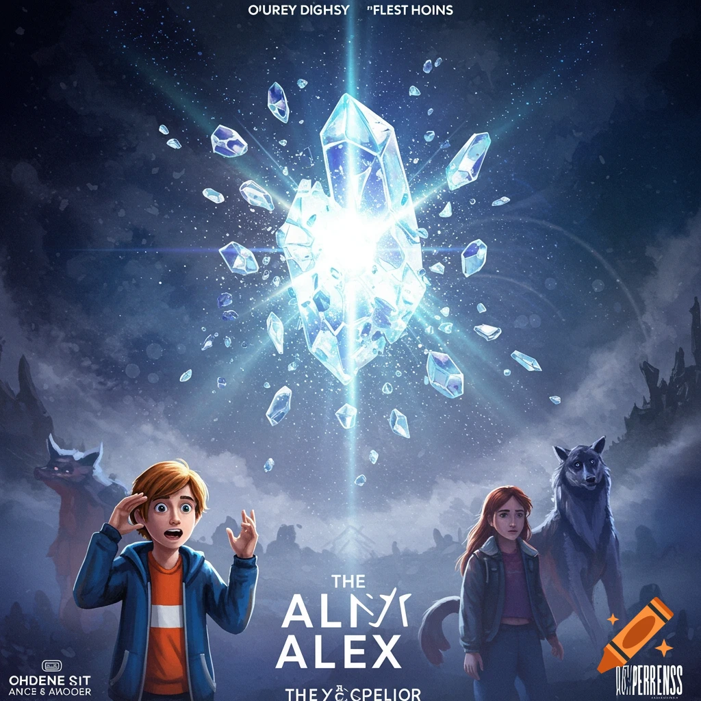 Illustration of two children and wolves looking at a glowing crystal in ...