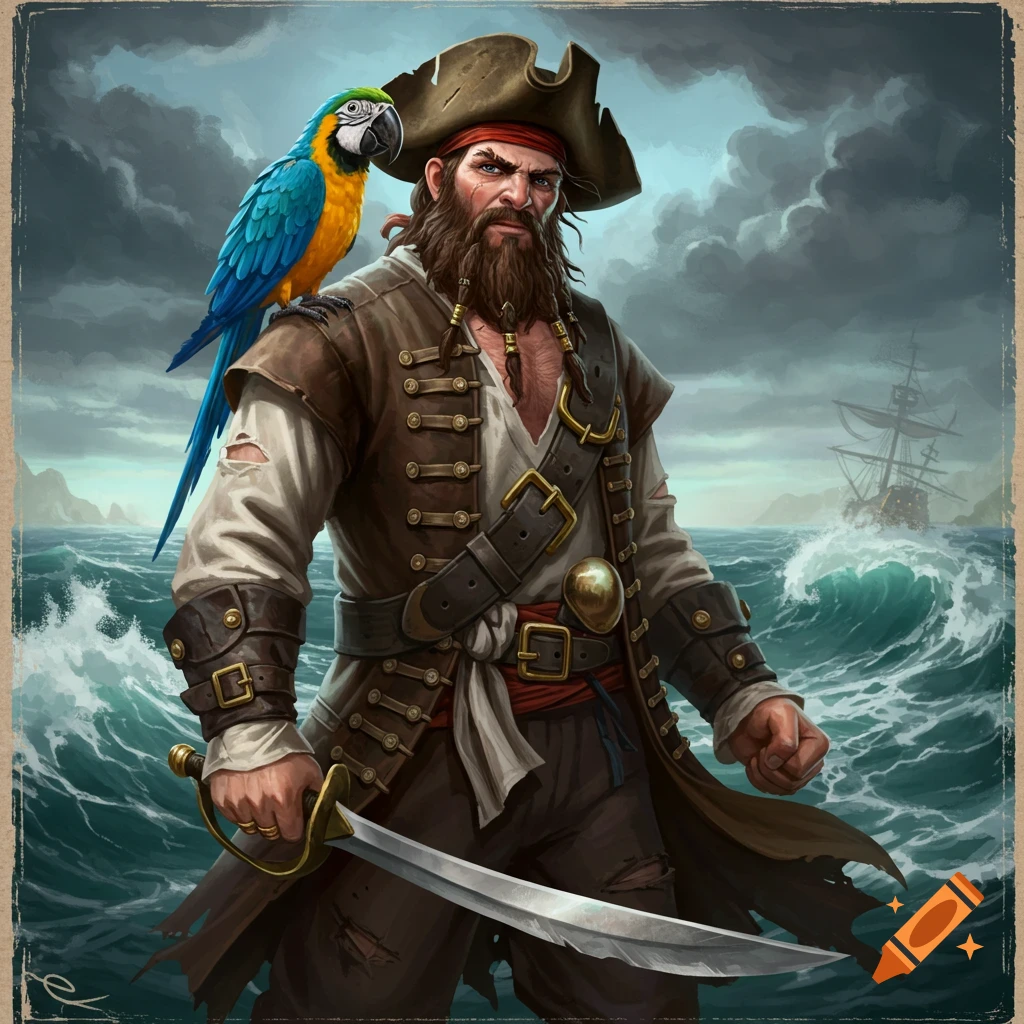 A rugged pirate captain in a red coat stands on the deck of his ship at ...