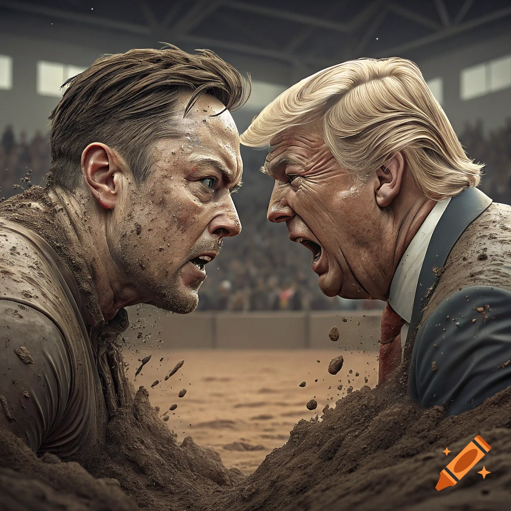 Elon Musk and Donald Trump mud wrestling in an arena on Craiyon