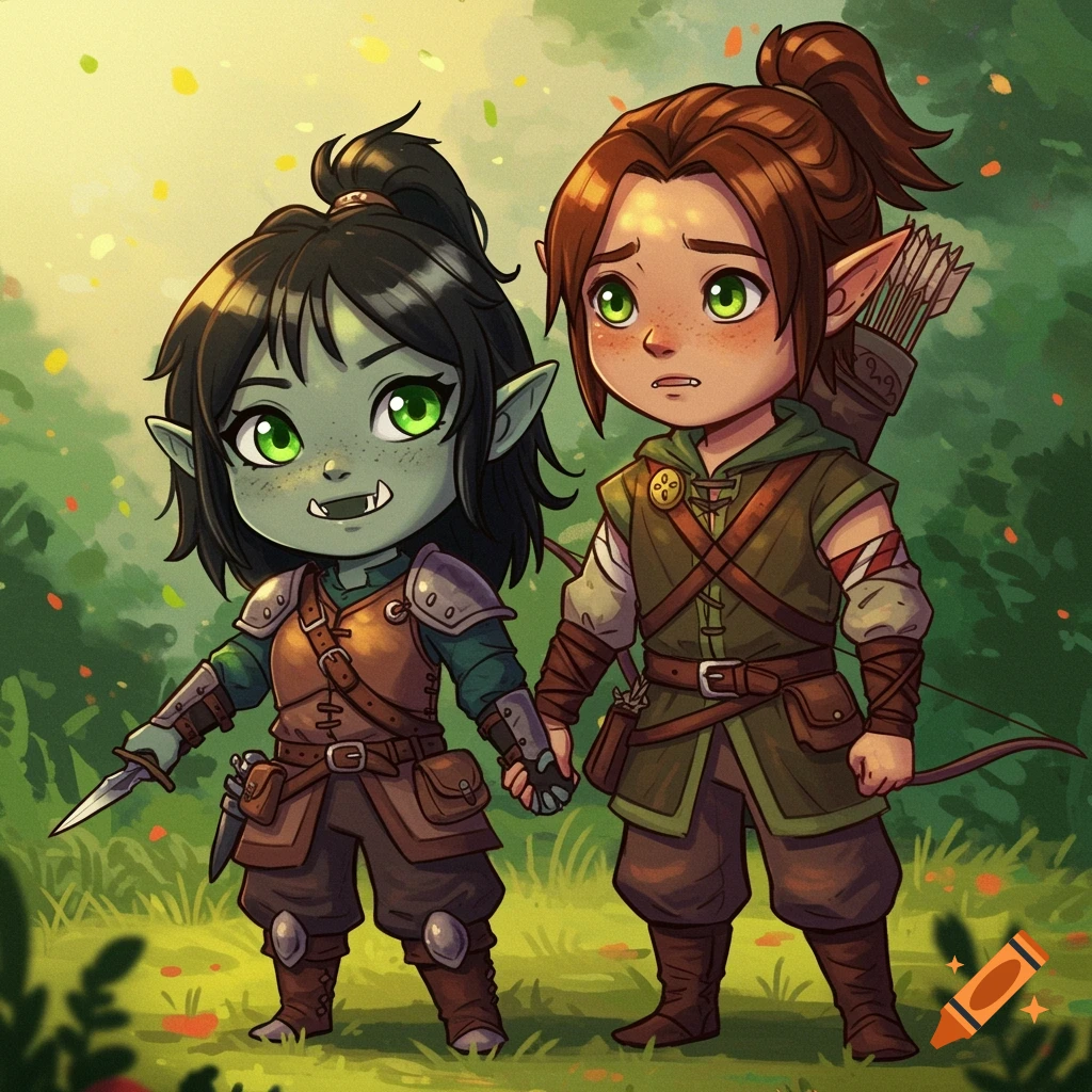 Cute black-haired half-orc female with her half-elf brother on Craiyon