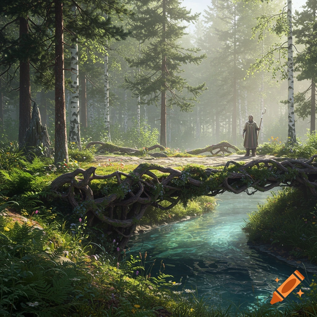 A person in a robe stands on a root bridge over a stream in a sunny ...