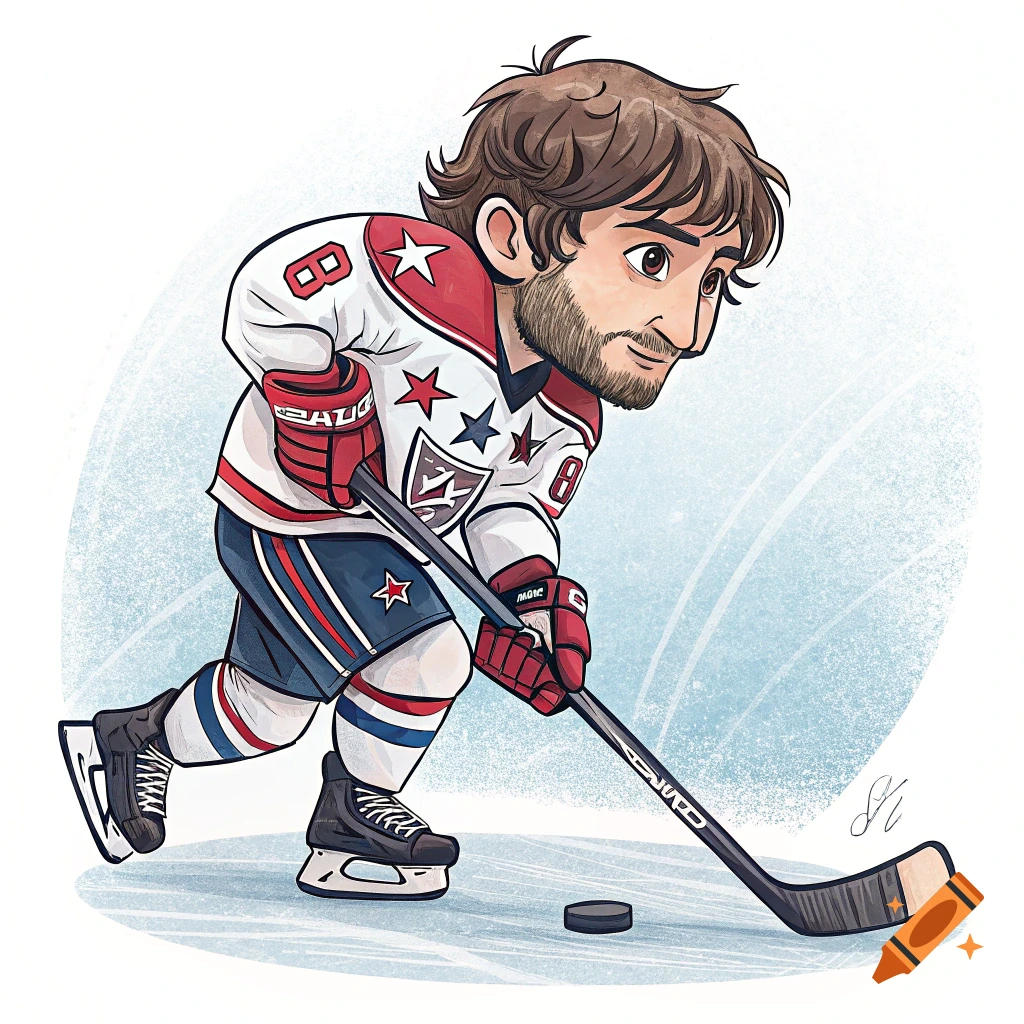 Cartoon illustration of a hockey player skating with a stick and puck ...