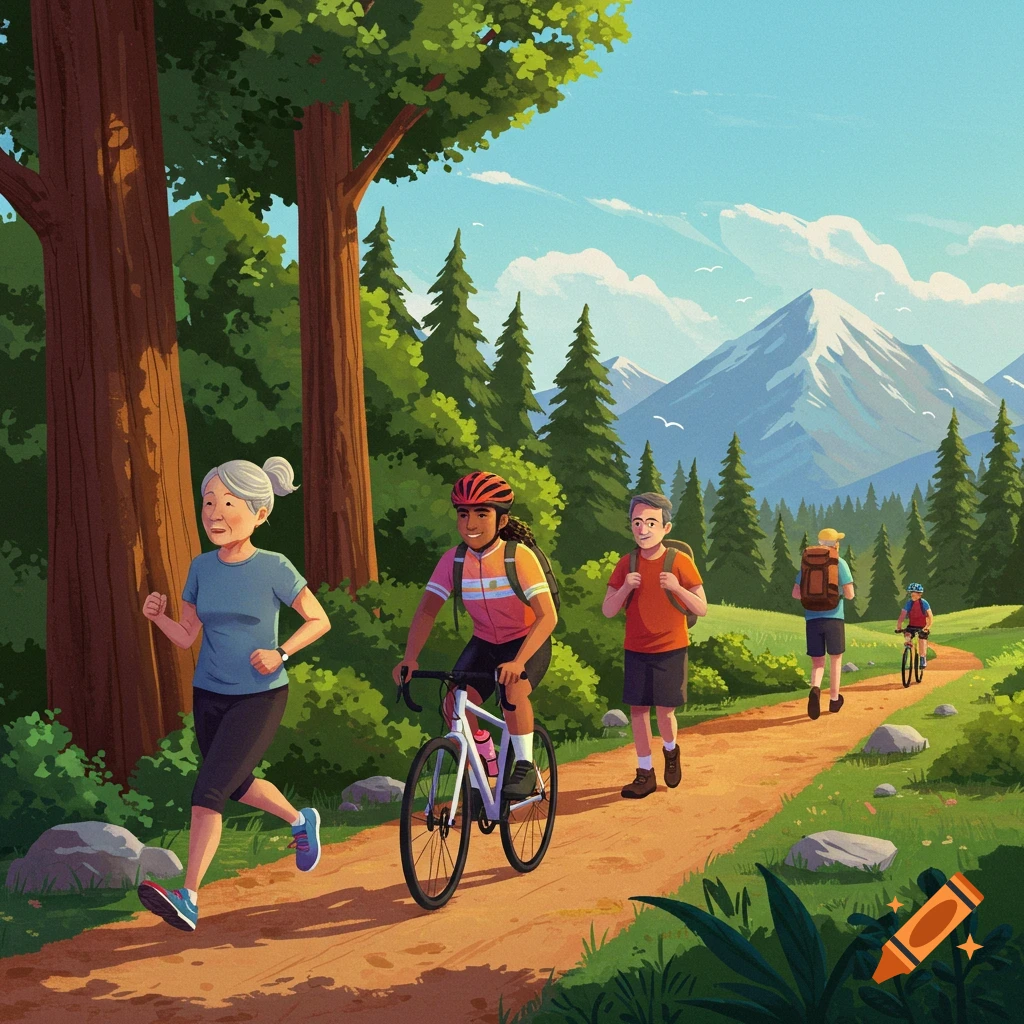 People enjoying a scenic trail for running, hiking, and biking on Craiyon