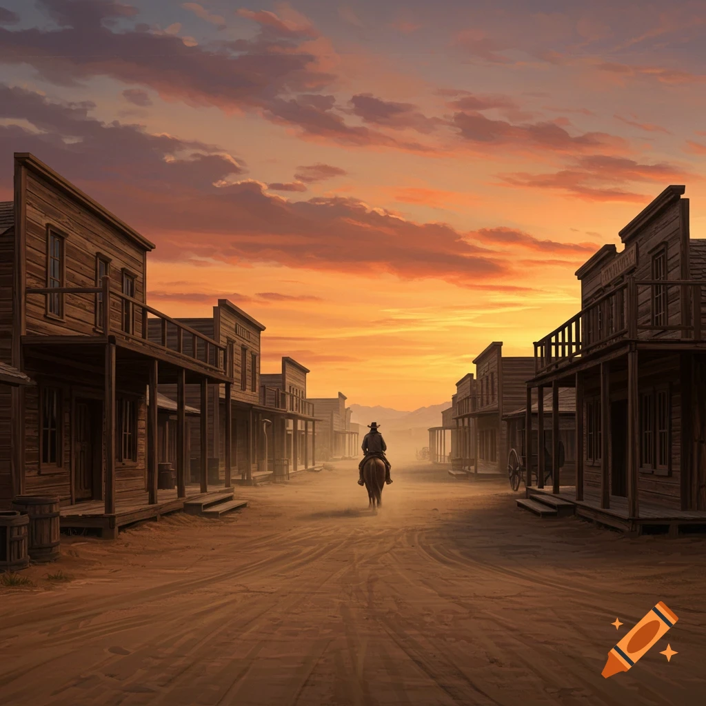 Classic Western town at dusk with horse and rider on dusty street on ...