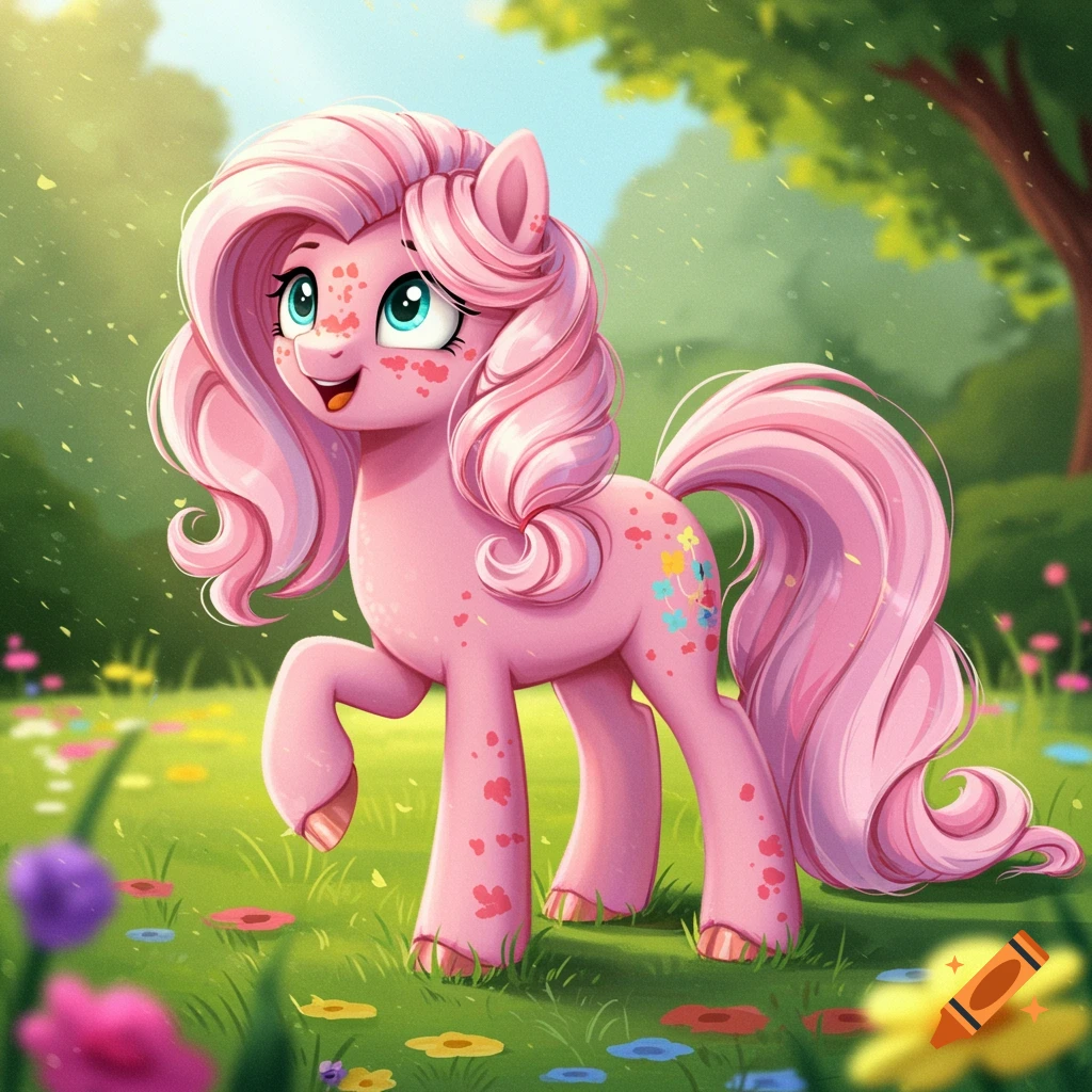 A pink cartoon pony with a rainbow mane and tail stands in a field of flowers under a sunny sky ...