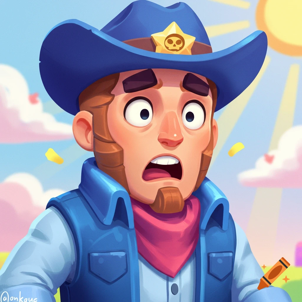 Cartoon cowboy character with a blue hat and vest looks shocked on Craiyon